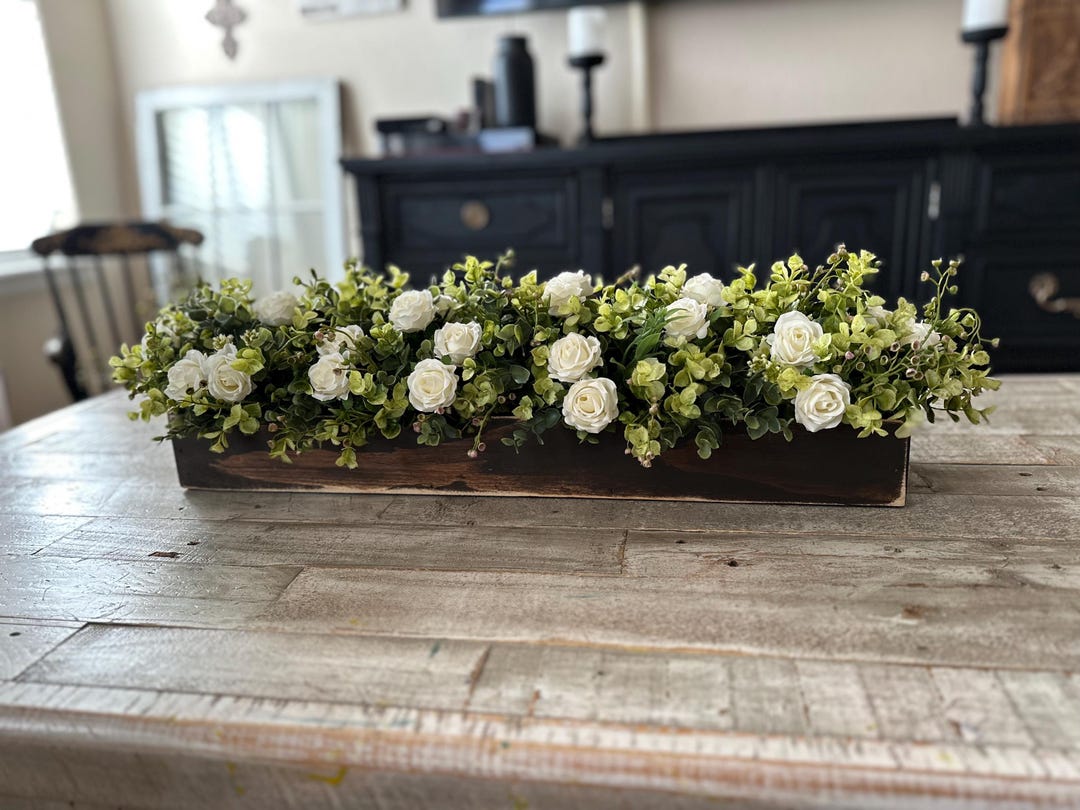 Rustic Planter Box Centerpiece With Greenery, Farmhouse Table ...