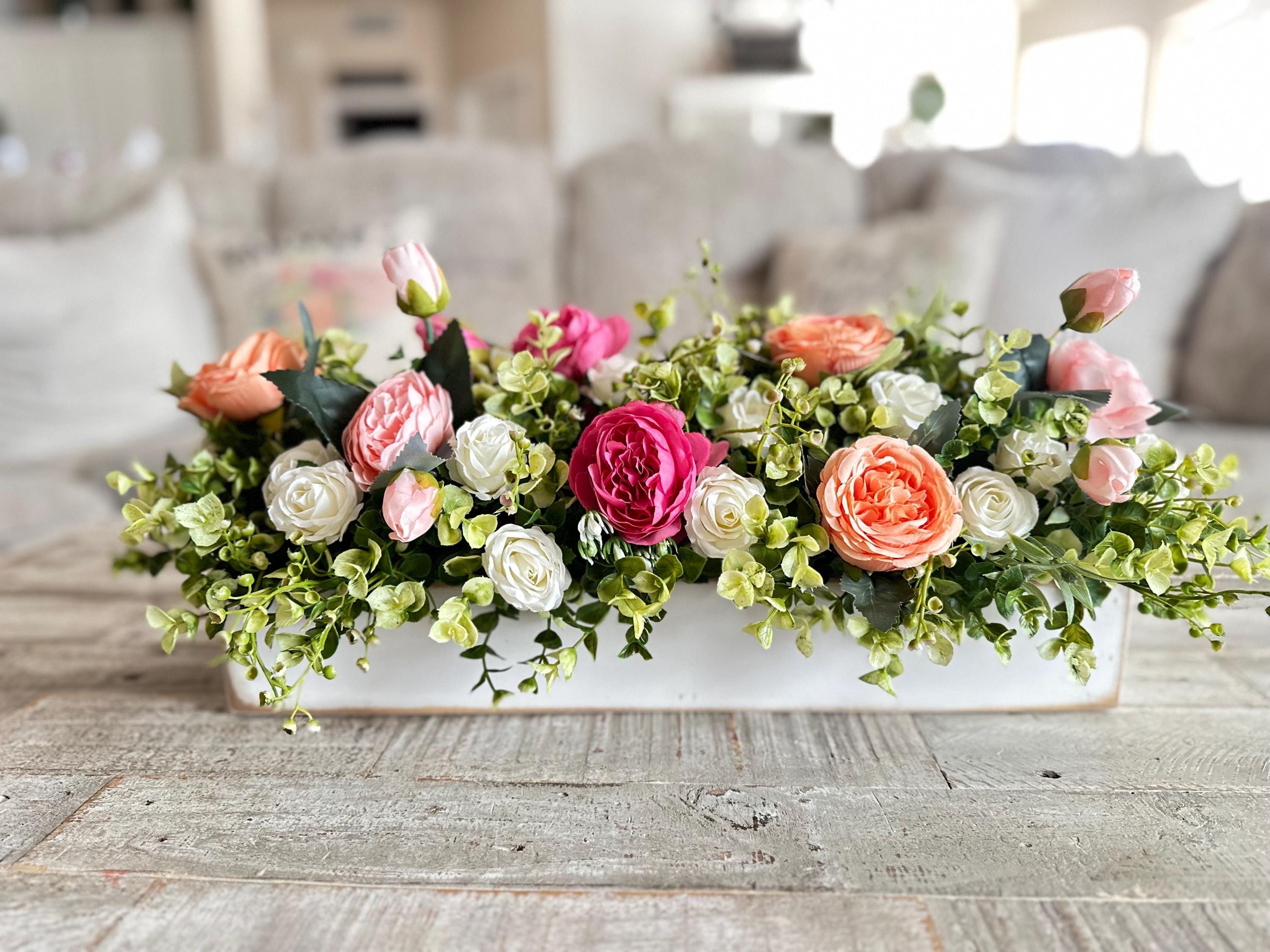 Farmhouse Planter Box Centerpiece With Greenery, Rustic Table ...