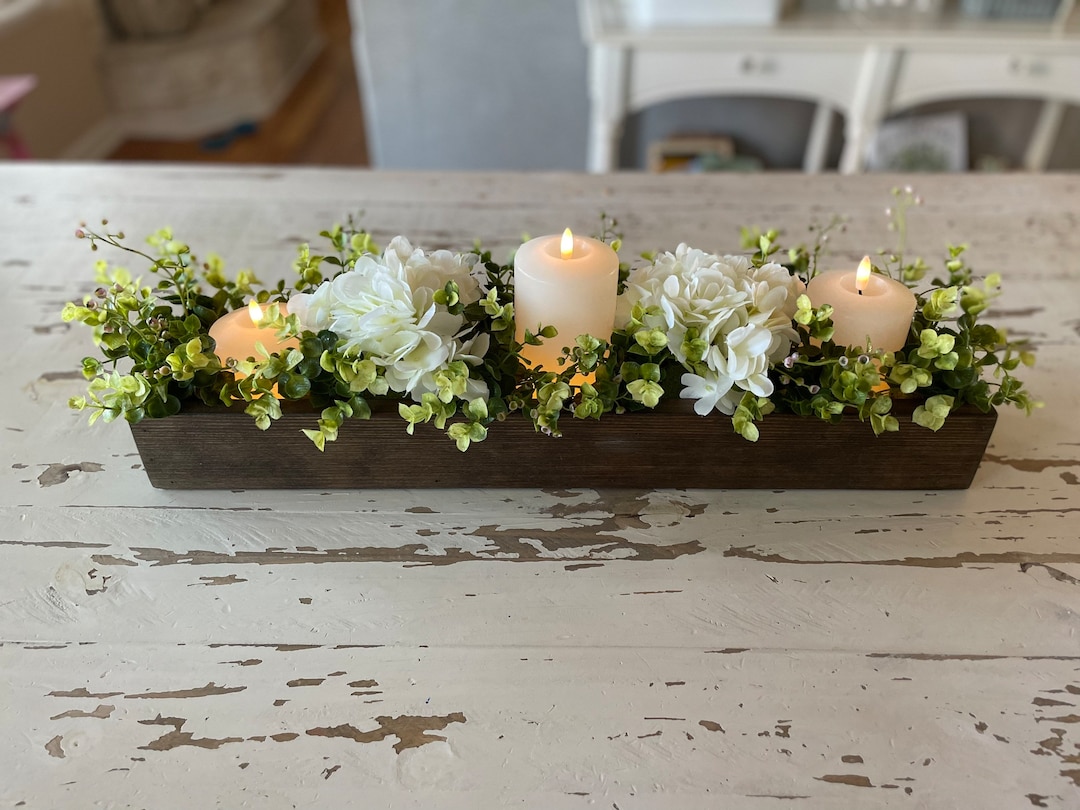 Candle Centerpiece Dining Room Table Kitchen Island Fireplace Mantle 24 Long Remote Candle Holder Tray Greenery Hydrangeas Etsy