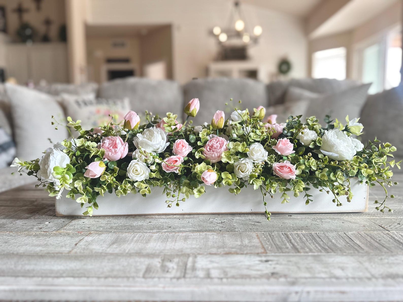 Farmhouse Planter Box Centerpiece With Greenery, Rustic Table ...