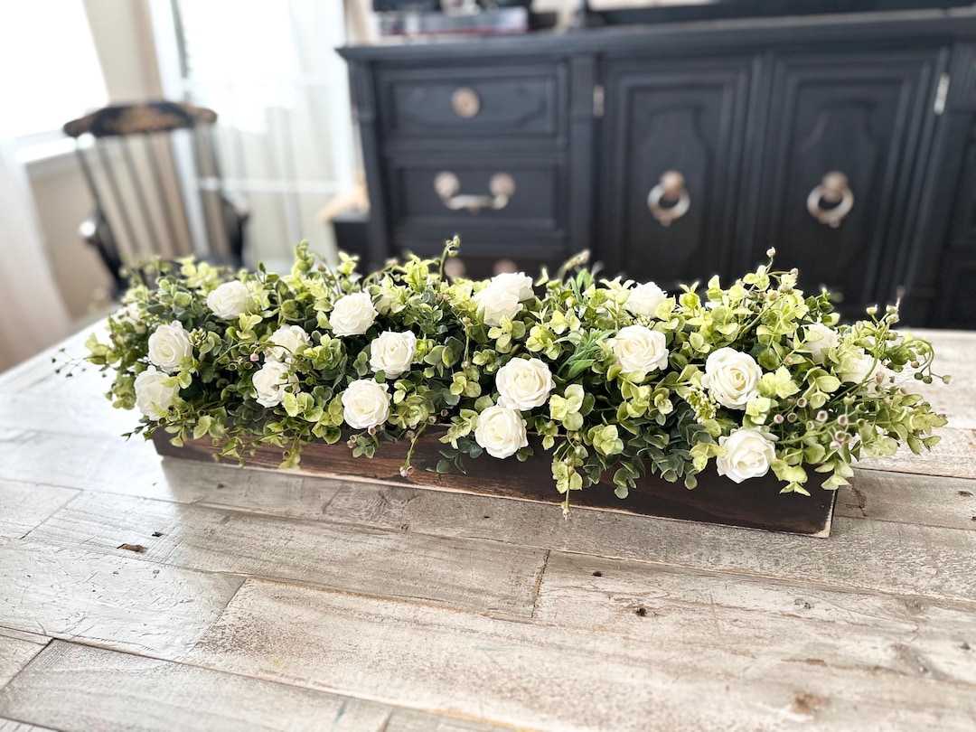 Rustic Planter Box Centerpiece With Greenery, Farmhouse Table ...