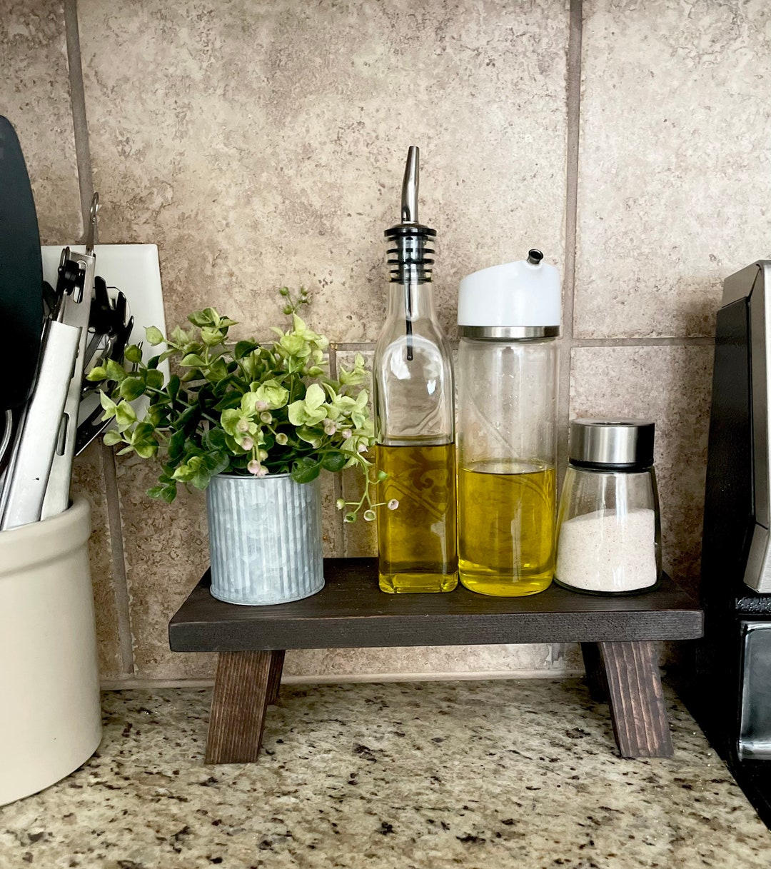 Rustic Wood Riser Stand Tray Spice Rack Kitchen Shelf Salt and Pepper ...