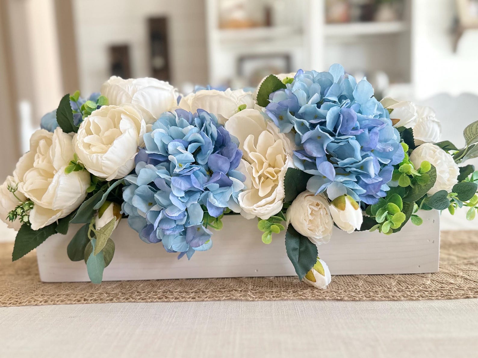 Blue Hydrangea Centerpiece: Farmhouse Floral Box Arrangement - Etsy