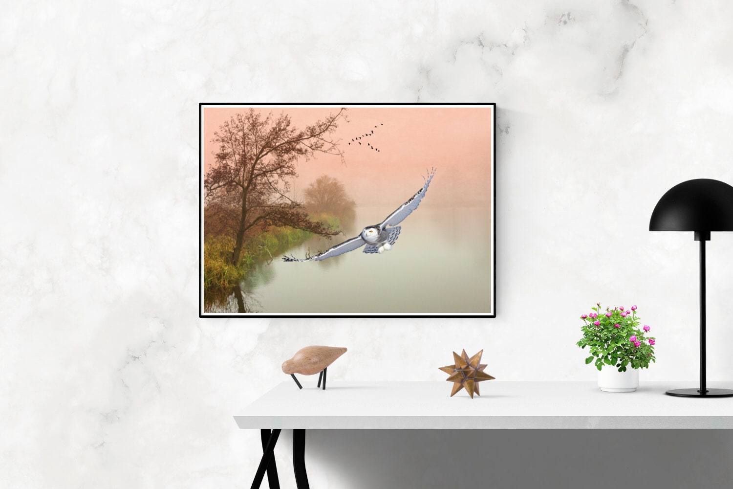 Snowy Owl Flying Misty Morning Lake Owl Art Print Pink - Etsy