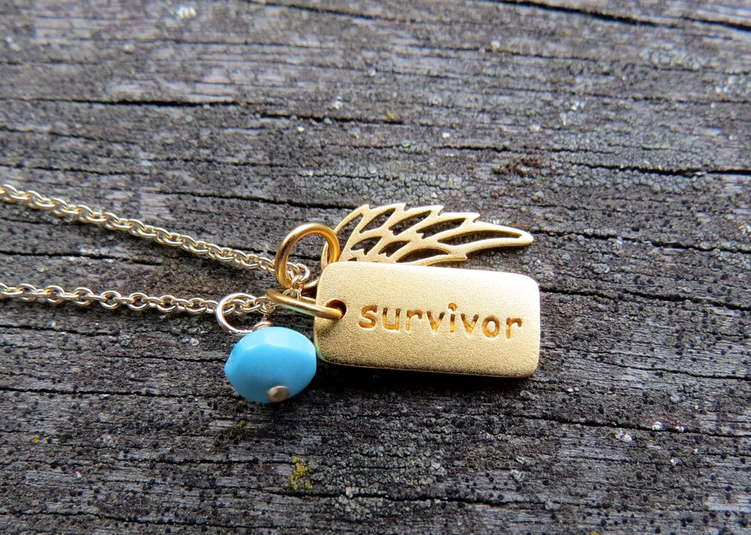 Gold Survivor Necklace, Gold Tag Survivor Charm, Gold Angel Wing Charm ...