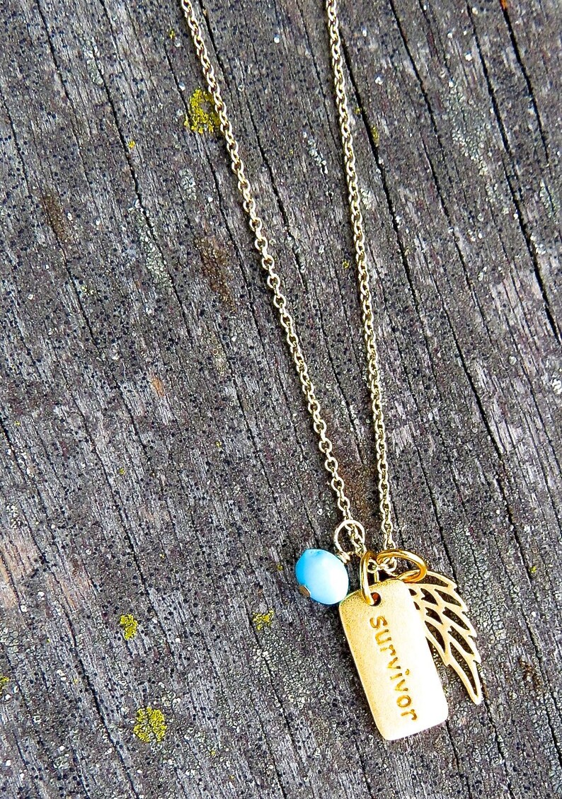 Gold Survivor Necklace, Gold Tag Survivor Charm, Gold Angel Wing Charm ...