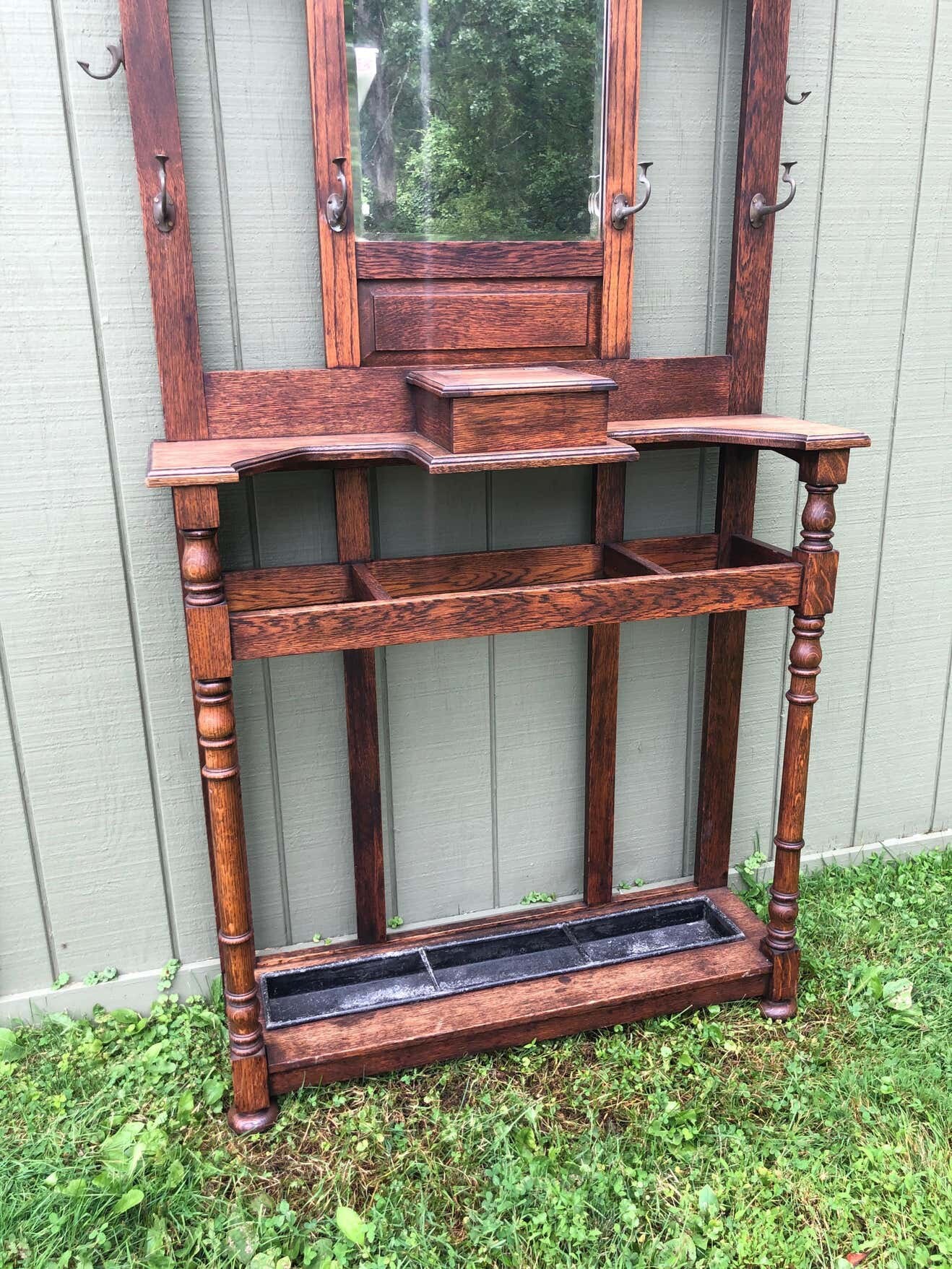 Sold-antique Oak Hall Tree With Mirror - Etsy