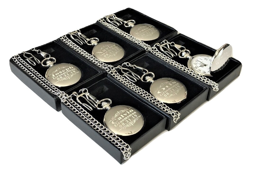 6 Engraved Silver Pocket Watches, Mens Pocket Watches, Gift Box, Chain ...