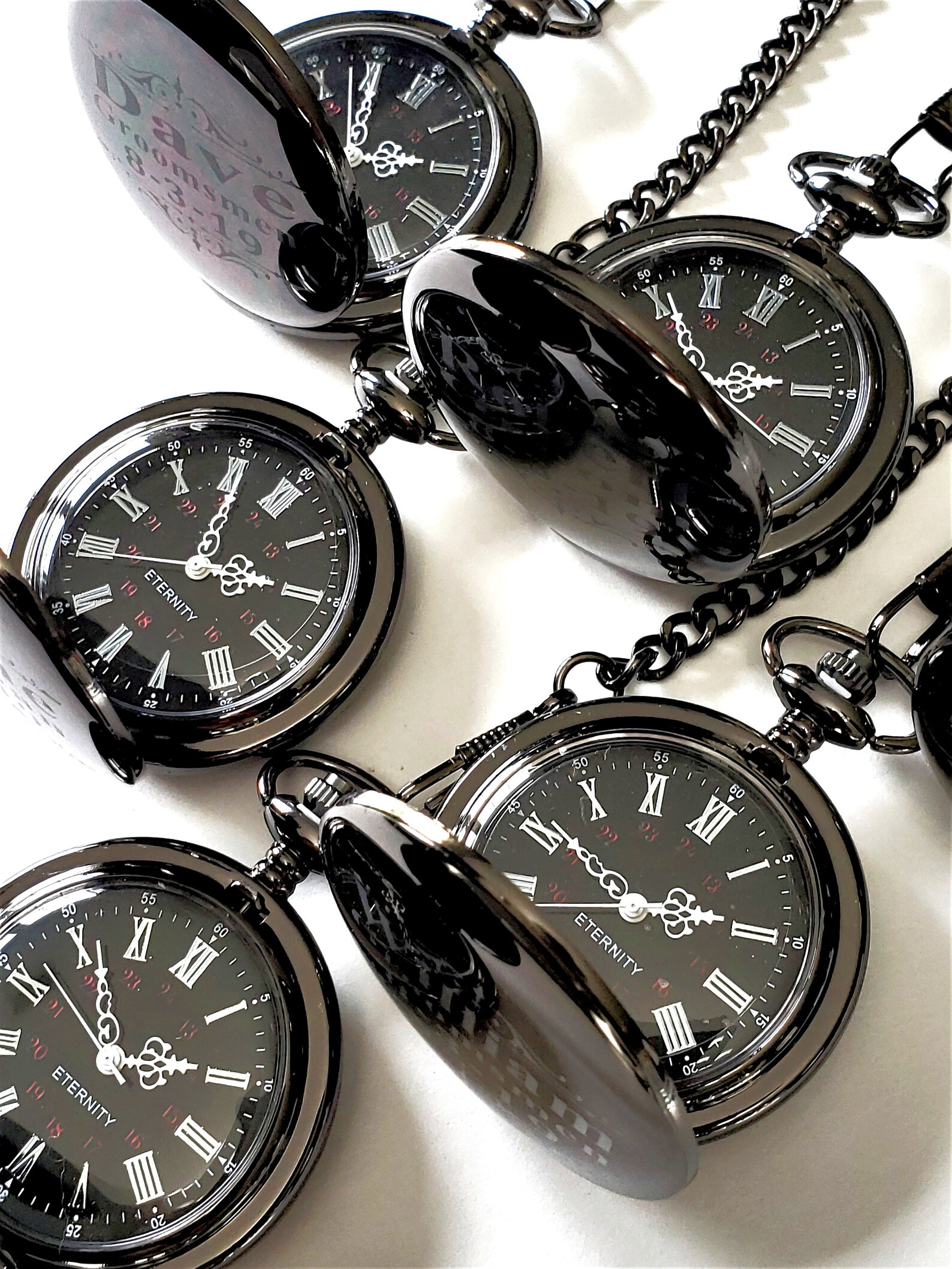 7 Black Pocket Watches, Groomsmen Gift Set, Custom Engraved Gift, Black ...