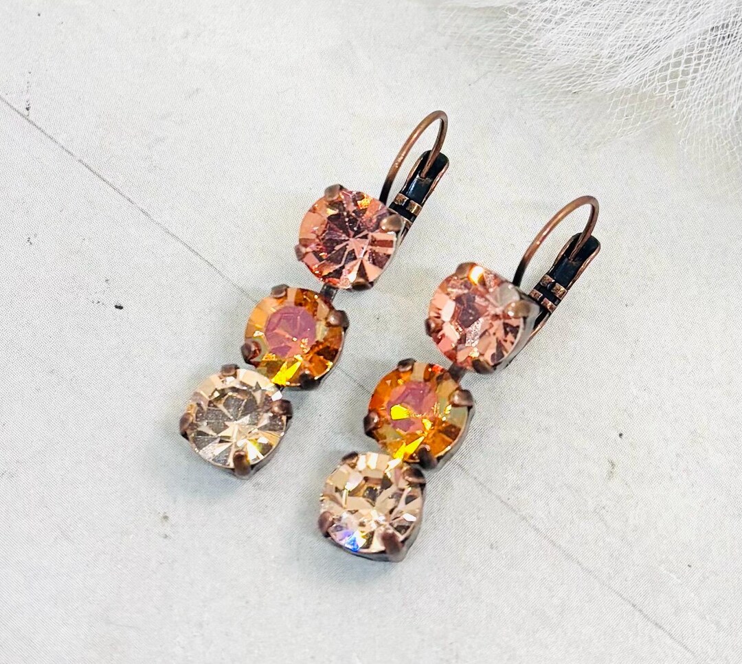 Antique Copper Plated Apricot and Peach Triple Stone Crystal Drop ...