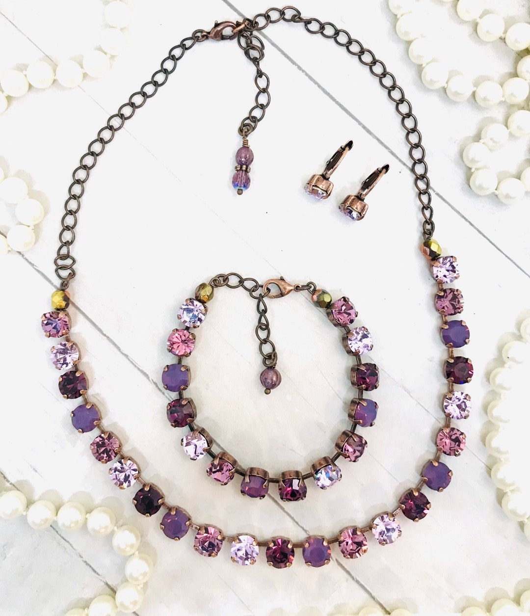 Plum Purple Crystal Tennis Necklace, Plum Purple Rhinestone Necklace ...