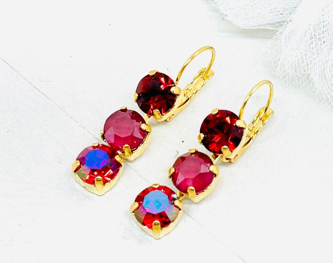 Ruby Red Crystal Drop Earrings: Gold Tone, Handmade - Etsy