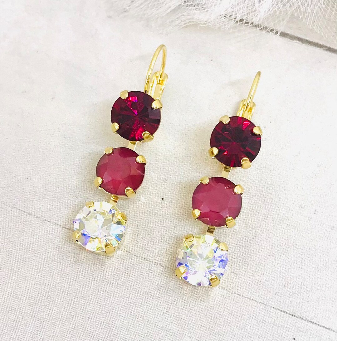 Colorful Ruby Red Triple Stone Crystal Earrings, Red Crystal Drop ...