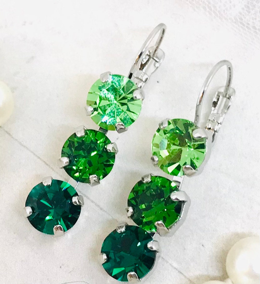 Green Triple Stone Drop Crystal Earrings, Bright Kelly Green Crystal ...