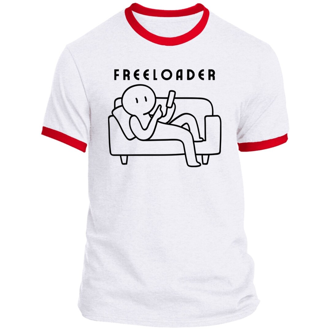 Men's Teen Boys Ringer Tshirt FREELOADER BLUE GOLD Moocher Leech Teenager Laying on Couch Cell ...