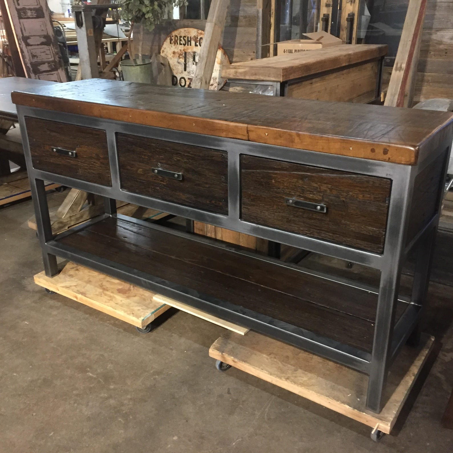 Industrial Three-drawer Entry Table | Welded Steel Frame, Galvanized ...