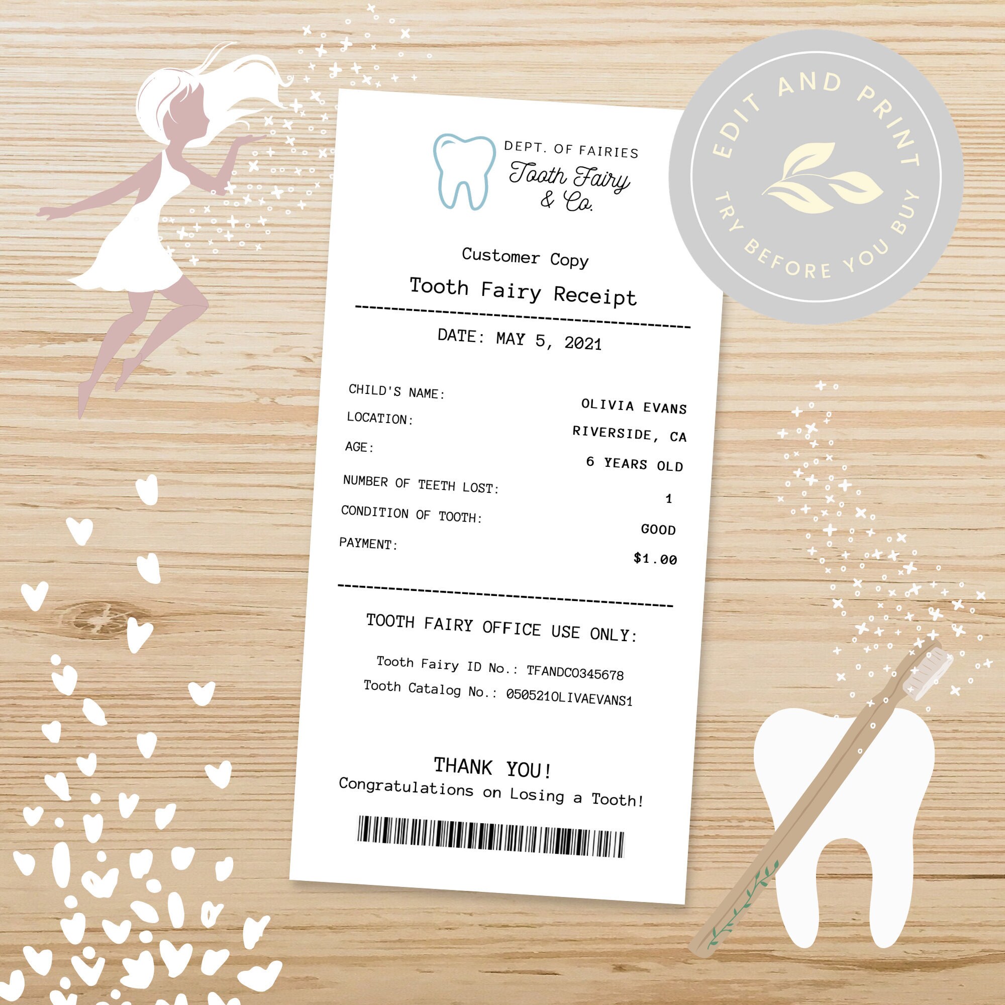 Tooth Fairy Receipt Template Editable Tooth Fairy Printable - Etsy