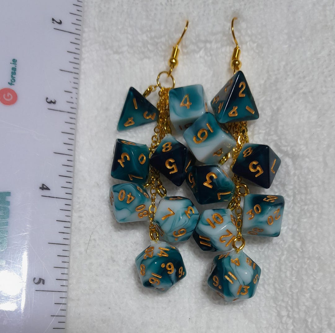 DND Mini Dice Teal White Marbled 2-tone Pierced Earrings D4 D6 D8 D10 ...