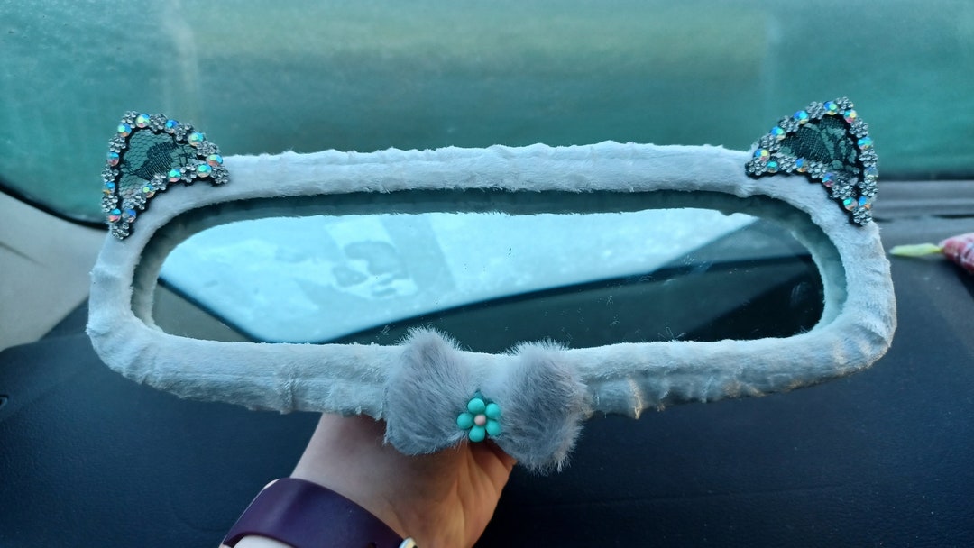 Cat Rear View Mirror Cover Reversing Rearview Velvet Car Black Bow Tie ...