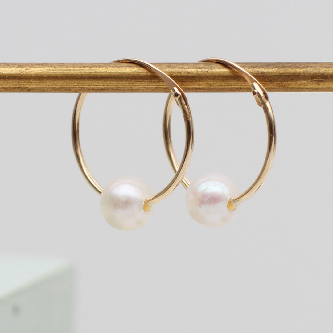 9ct Gold and Freshwater Pearl Sleeper Hoop Earrings • Solid Gold Pearl ...
