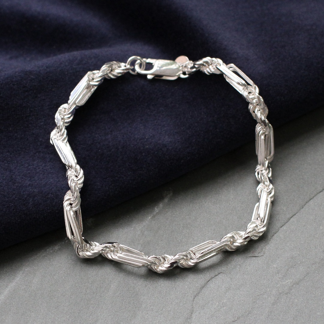 Men's Sterling Silver Figaro Rope Chain Bracelet • Men's Silver Twisted ...