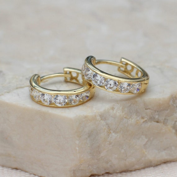 9ct Yellow Gold Cubic Zirconia Huggie Hoop Earrings Etsy