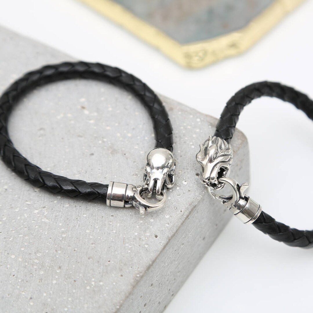 Men's Silver & Leather Animal Clasp Bracelets - Etsy