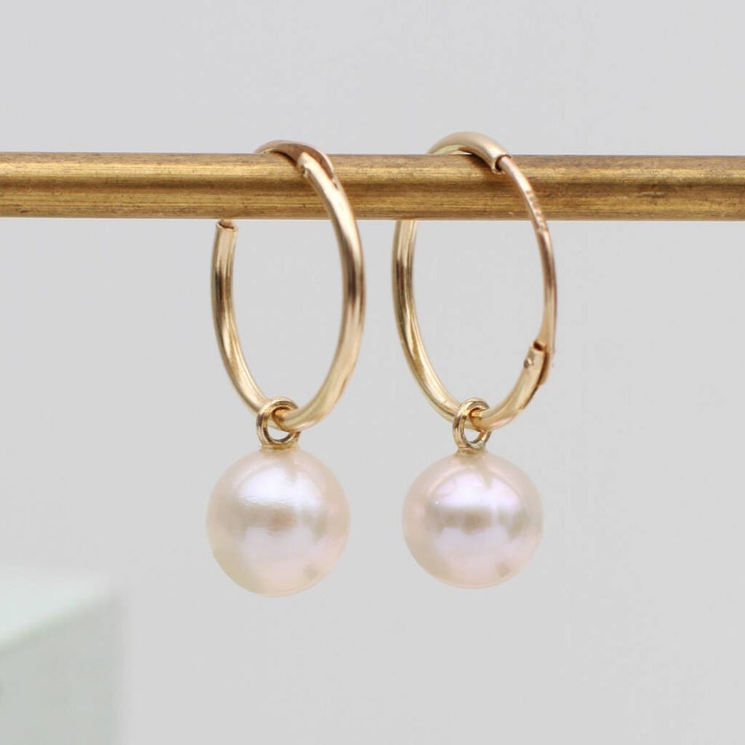 9ct Gold and Freshwater Pearl Hoop Earrings • Solid Gold Pearl Hoop ...