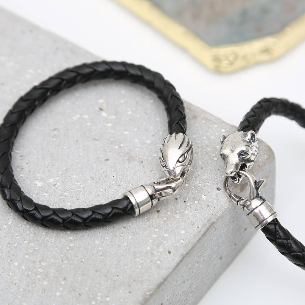 Men's Silver & Leather Animal Clasp Bracelets - Etsy