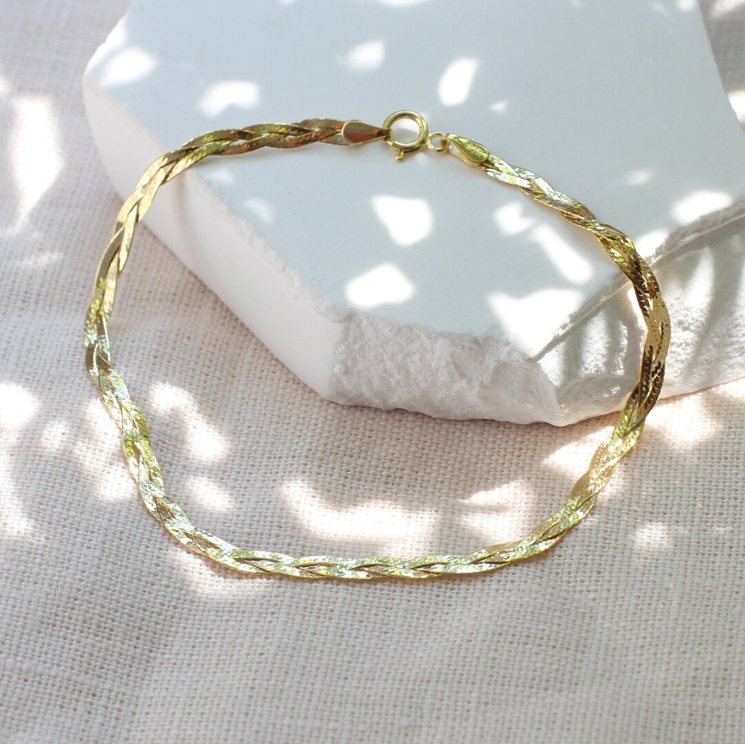 9ct Yellow Gold 3-plait Herringbone Chain Bracelet • Solid Gold Wave ...