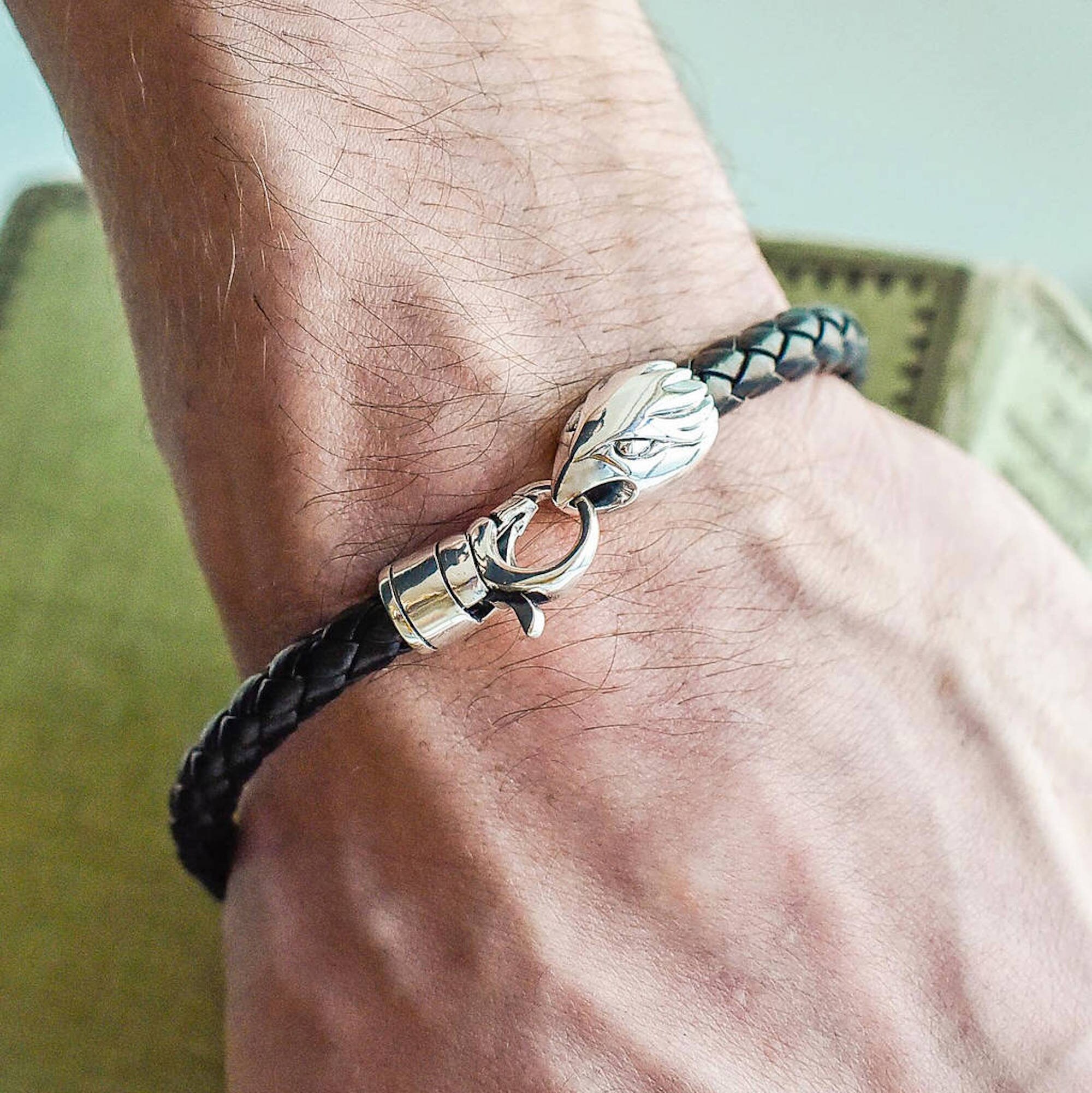 Men's Silver & Leather Animal Clasp Bracelets - Etsy