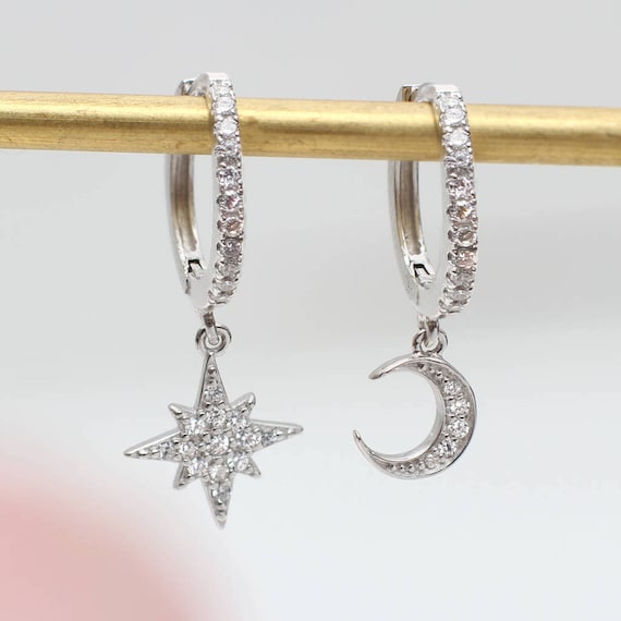 Silver Crystal Celestial Huggie Earrings Moon and Star Earrings Etsy