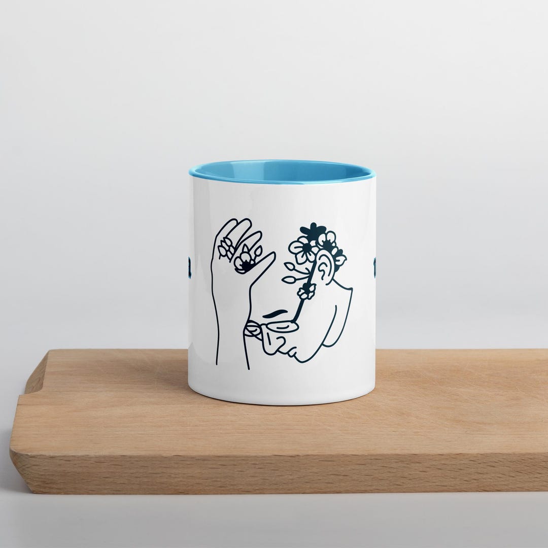 Floral Line Art Ceramic Mug, "tea or Not to Tea" Colored Handle ...