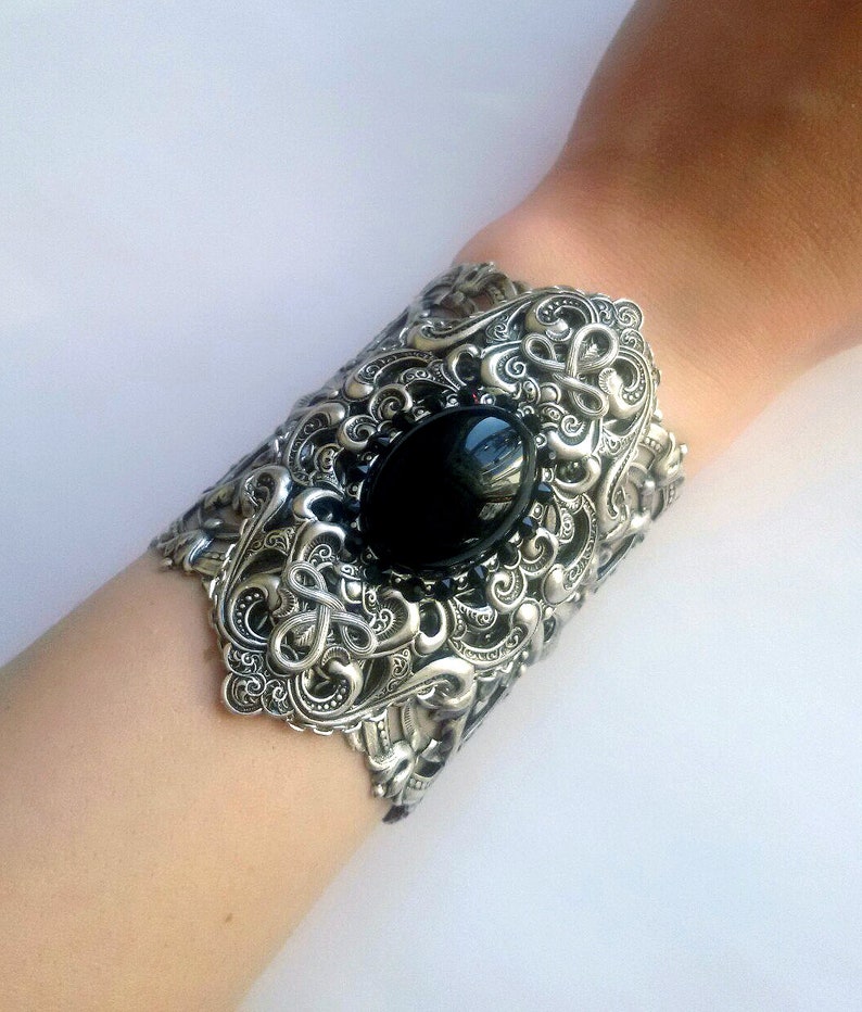 Gothic Bracelet Obsidian Bracelet Silver Bracelet Vintage | Etsy