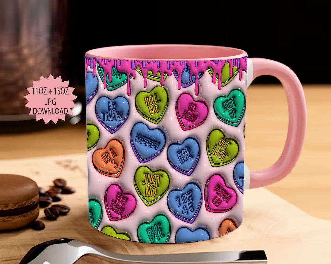3D Conversation Hearts Inflated Mug Wrap, Candy Hearts Puffy Mug Wrap ...