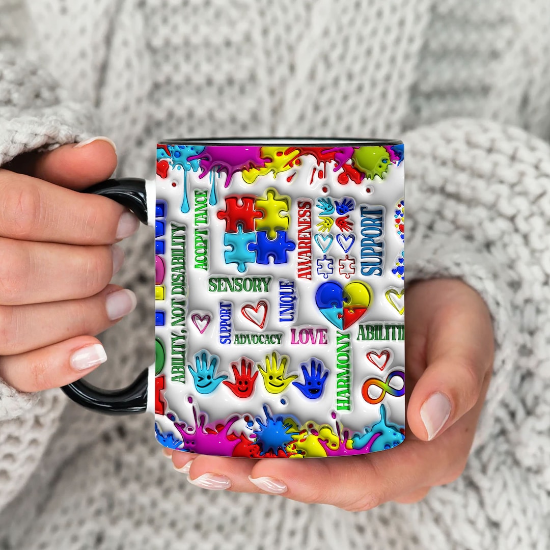 3D Autism Hand Inflated Mug Wrap, Ribbon Autism Puffy Mug Wrap, Autism ...