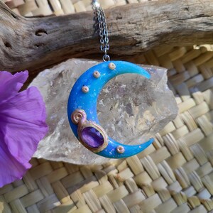 Amethyst Crescent Moon Pendant, Handmade in Polymer Clay With Opal Blue ...