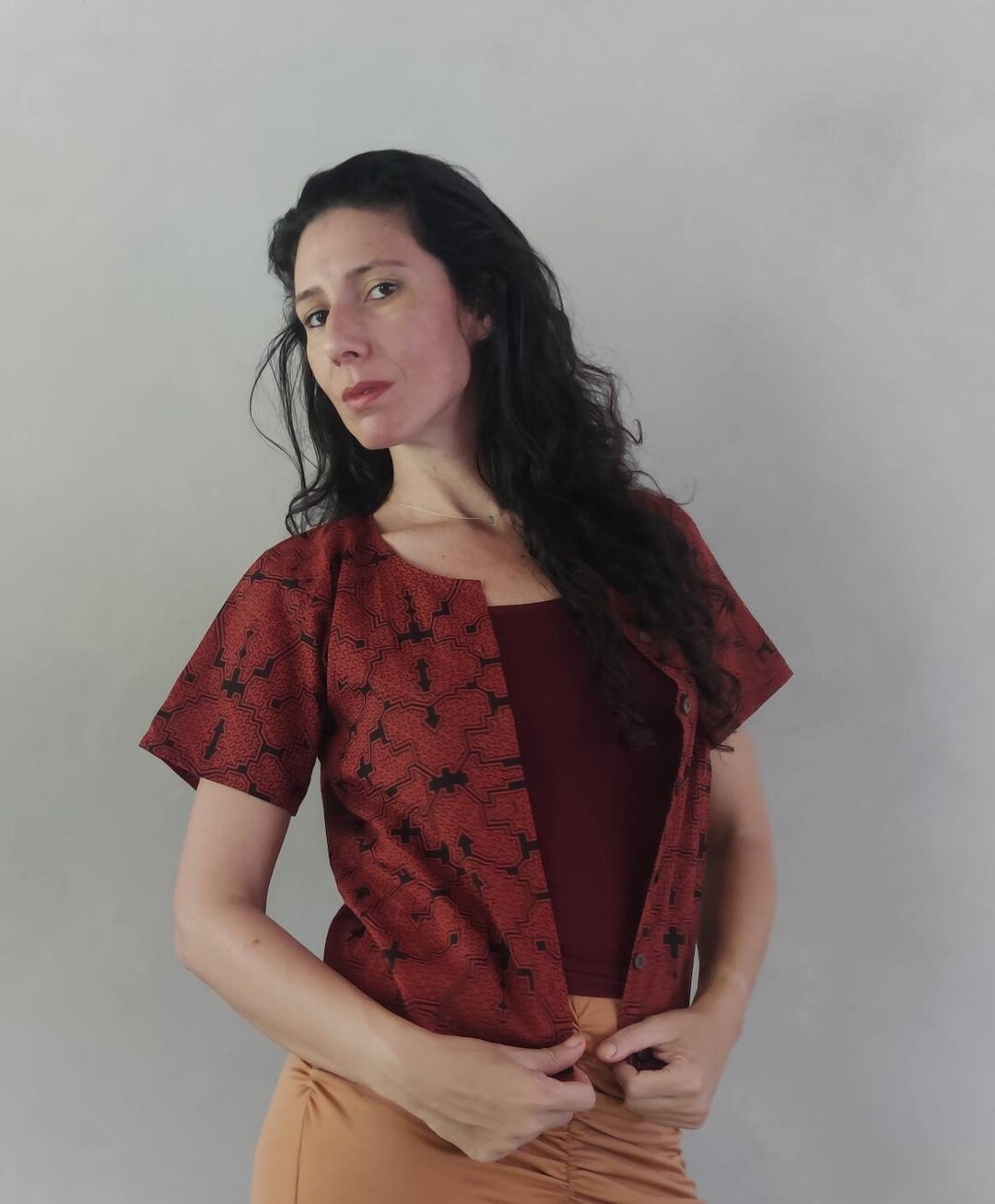 Women's Shipibo Cotton Sleeveles Shirt Casual Brown Boxy Shirt for ...