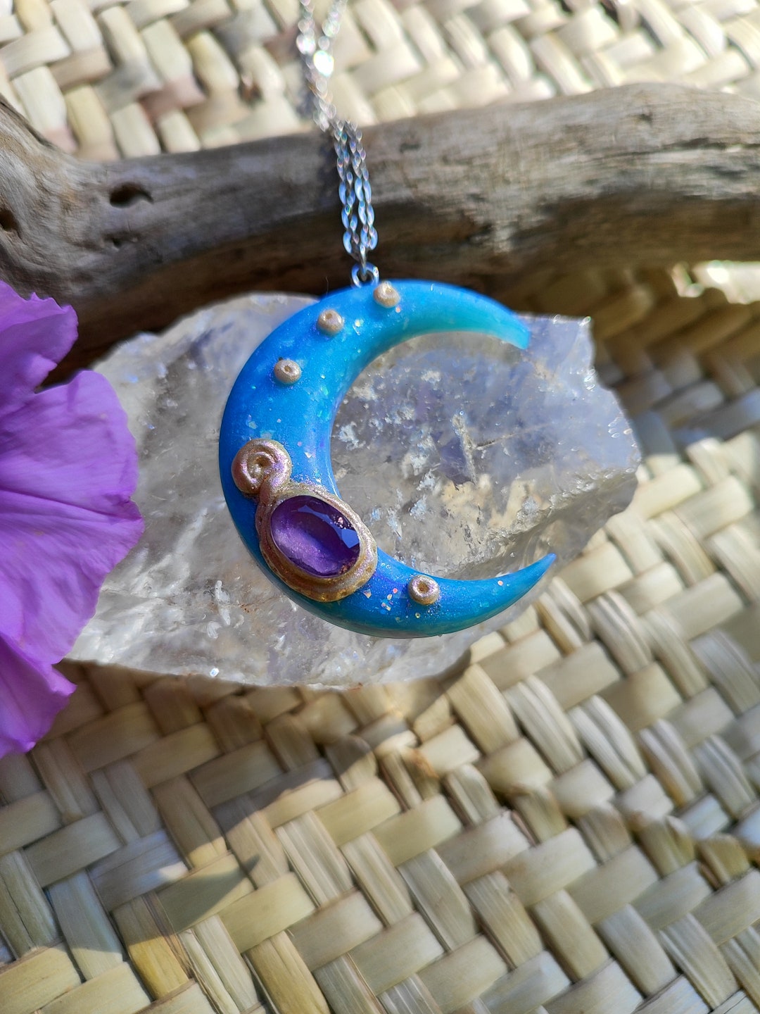 Amethyst Crescent Moon Pendant, Handmade in Polymer Clay With Opal Blue ...