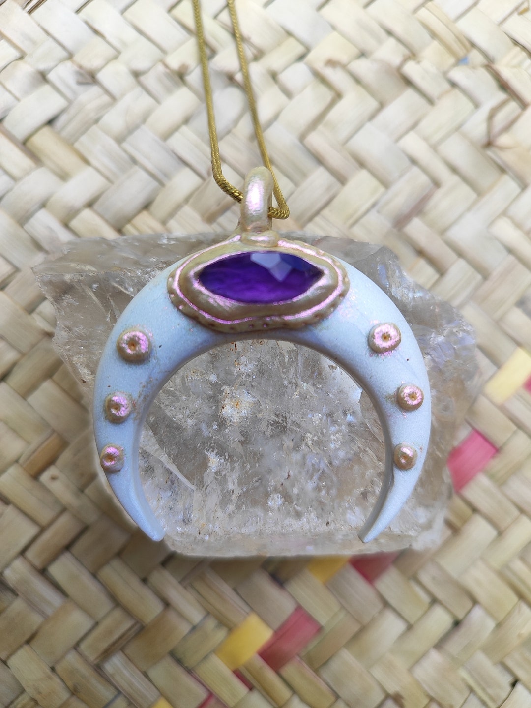 Handmade Polymer Clay Moon Necklace: Amethyst Gemstone Pendant - Etsy