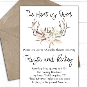 The Hunt is Over Invitation, Rustic Boho Style Antlers Invitation ...