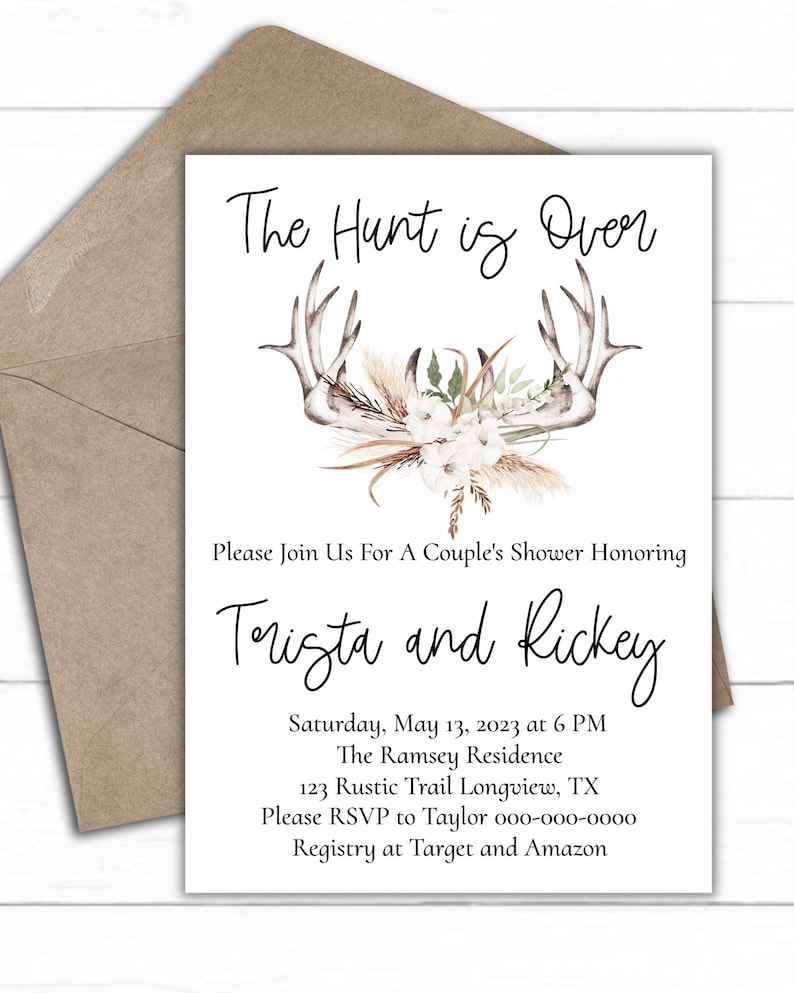 The Hunt is Over Invitation, Rustic Boho Style Antlers Invitation ...