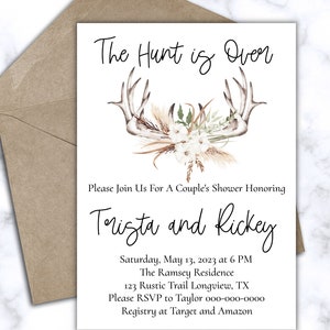 The Hunt is Over Invitation, Rustic Boho Style Antlers Invitation ...