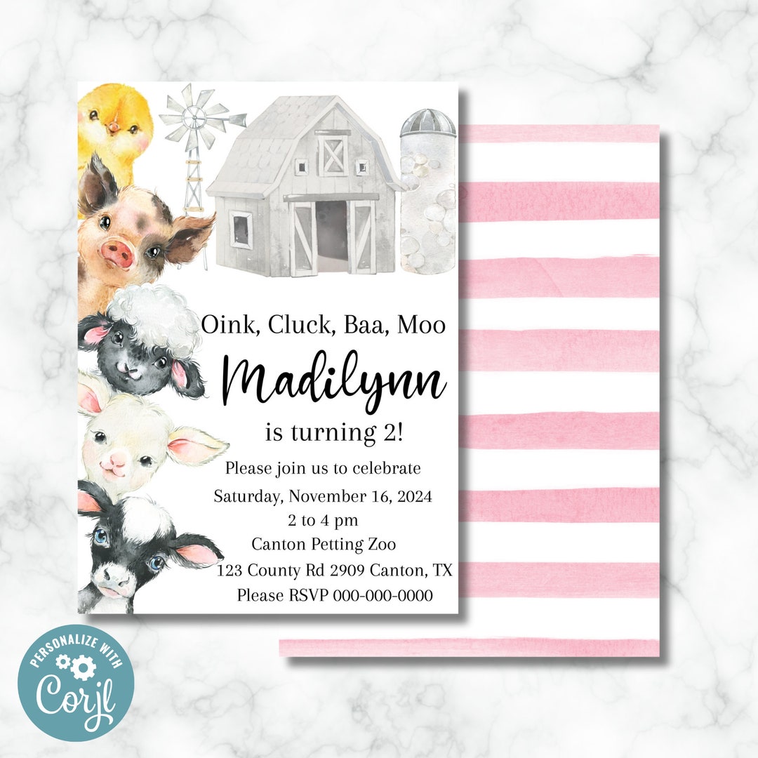 Farm Birthday Invitation, Farm Animal Birthday Party, Farm 2nd Birthday ...