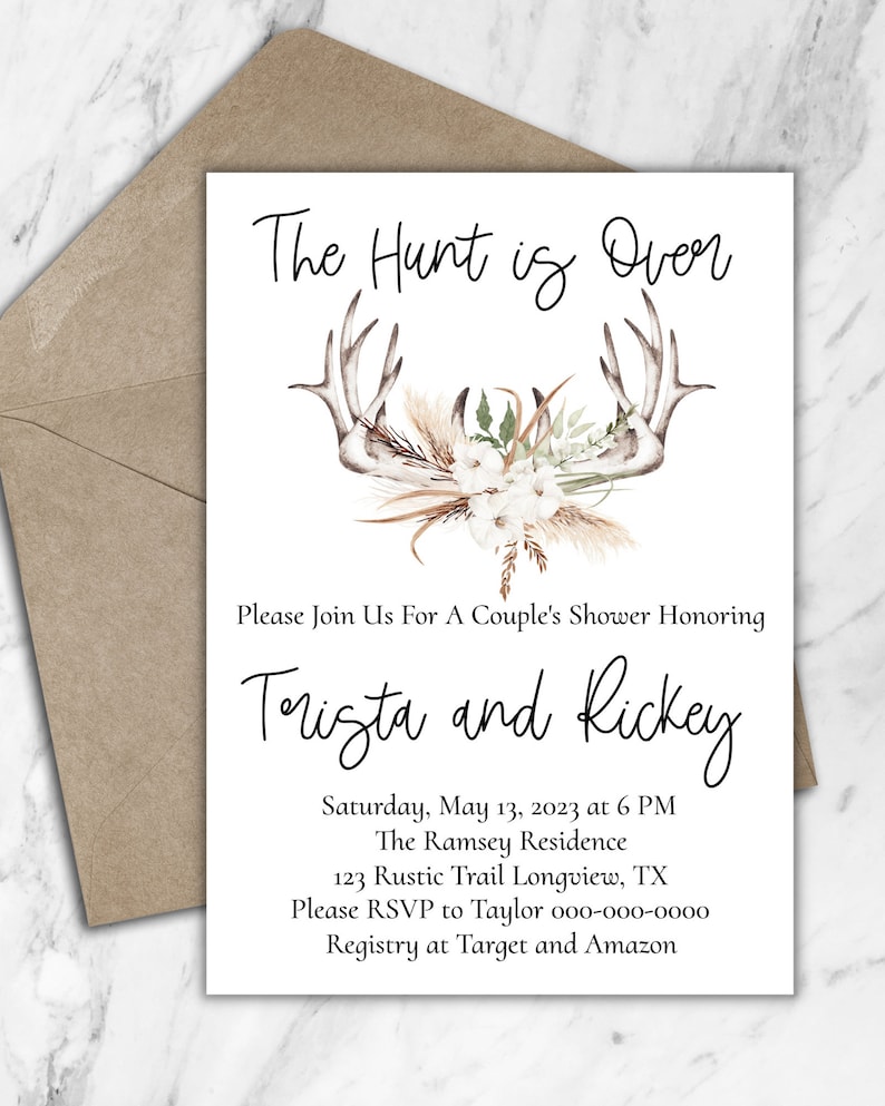 The Hunt is Over Invitation Rustic Boho Style Antlers - Etsy