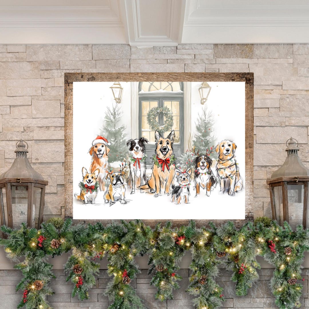 Christmas Dogs Print, Dogs in Christmas Costumes Poster, Whimsical ...