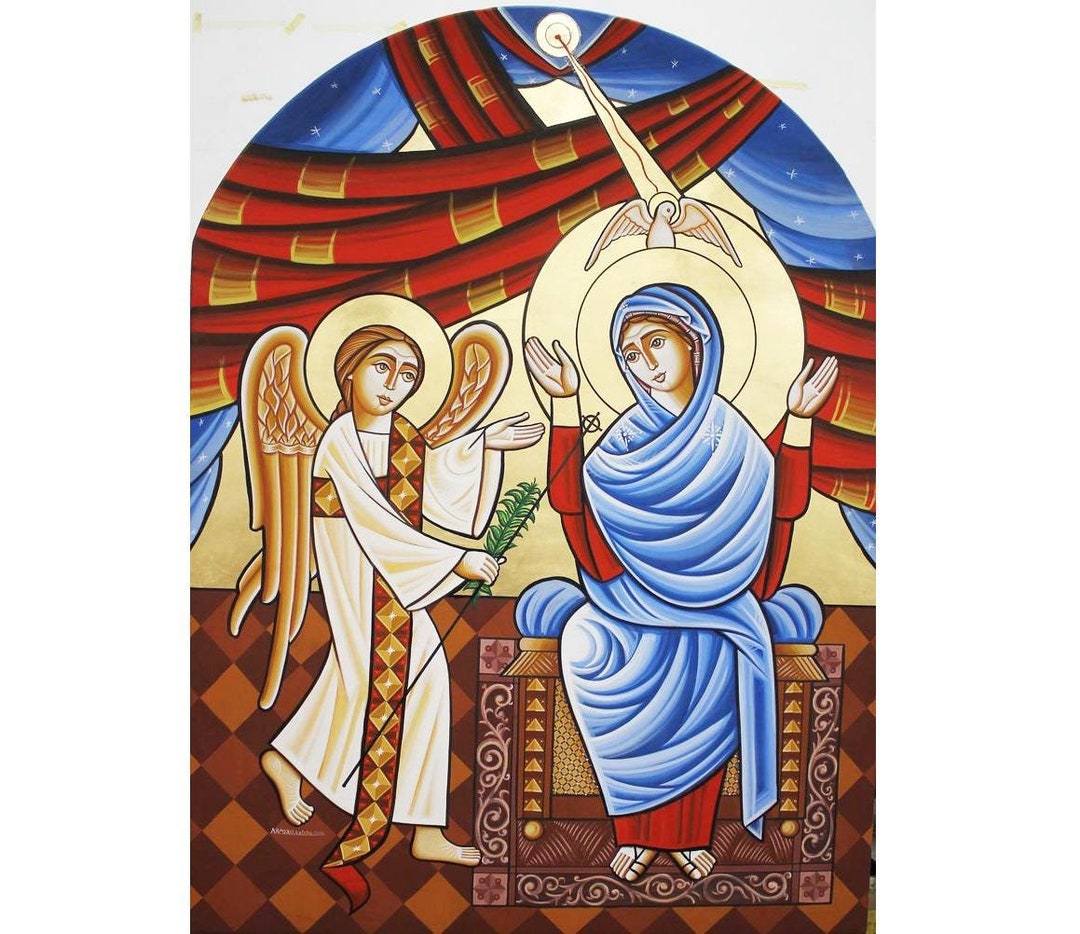 Holy Family Icon, Coptic Art, Painting, Holy Mother and Angel, Handmade ...