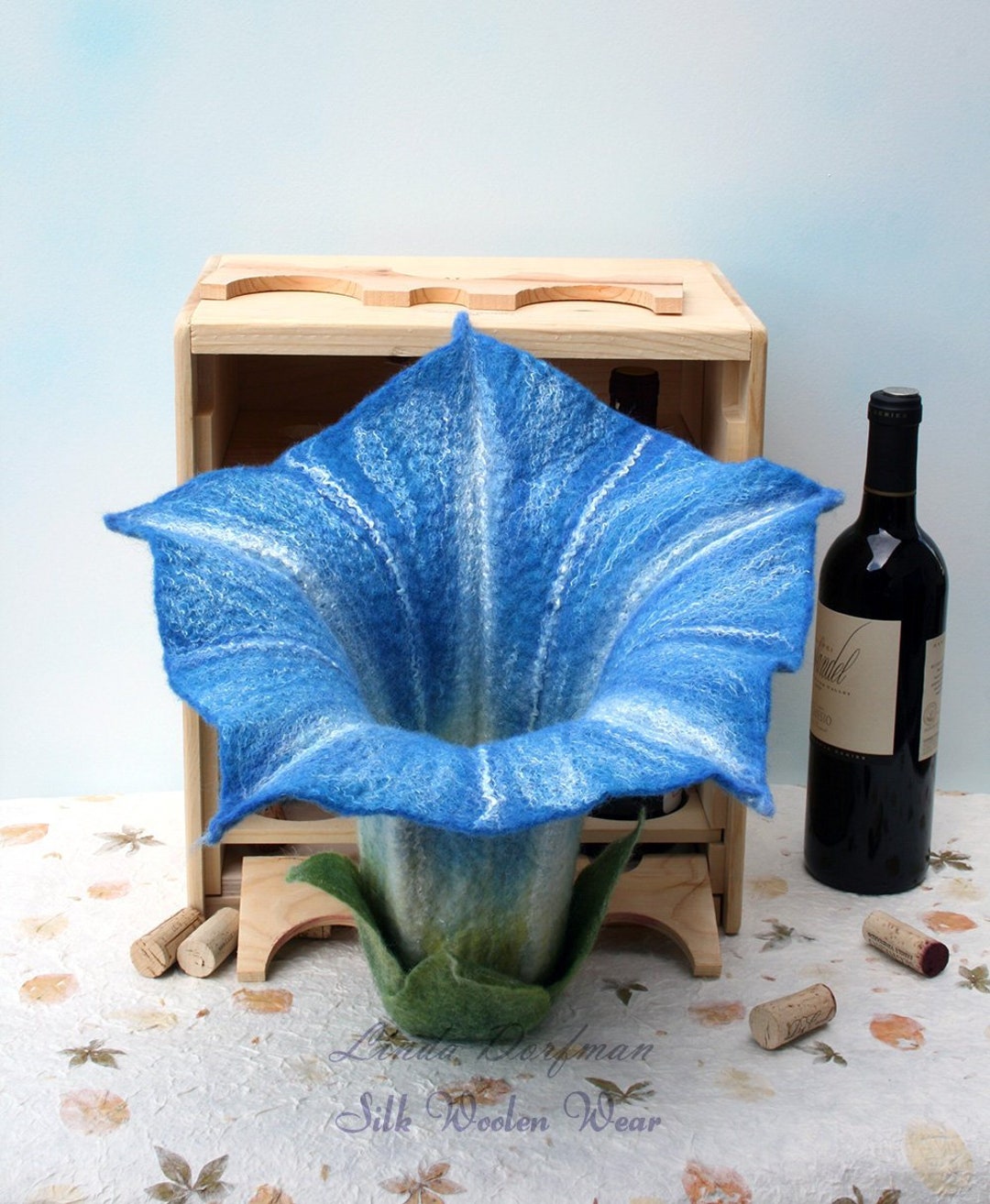 Large Blue Morning Glory Felt Flower Vessel, Unique Wet Felted Wool ...