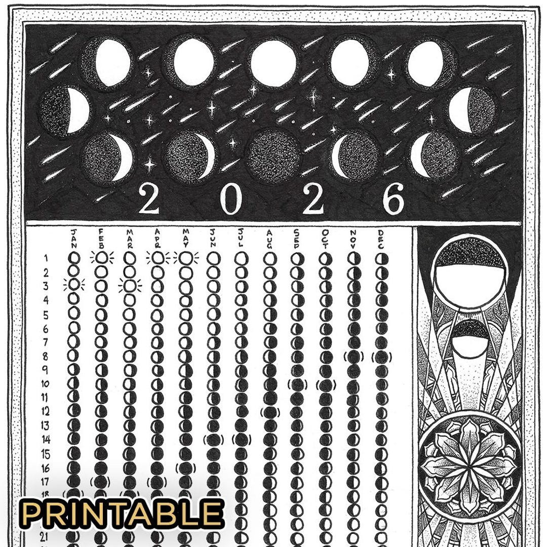 Calendario lunar 2026 / Seguimiento de fases lunares imprimible - Etsy España