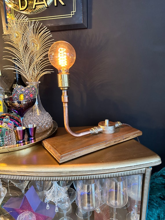 Bar Light Industrial Copper Pipe Light Table Lamp Wooden Desk Lamp Funky Bedside Light Etsy UK